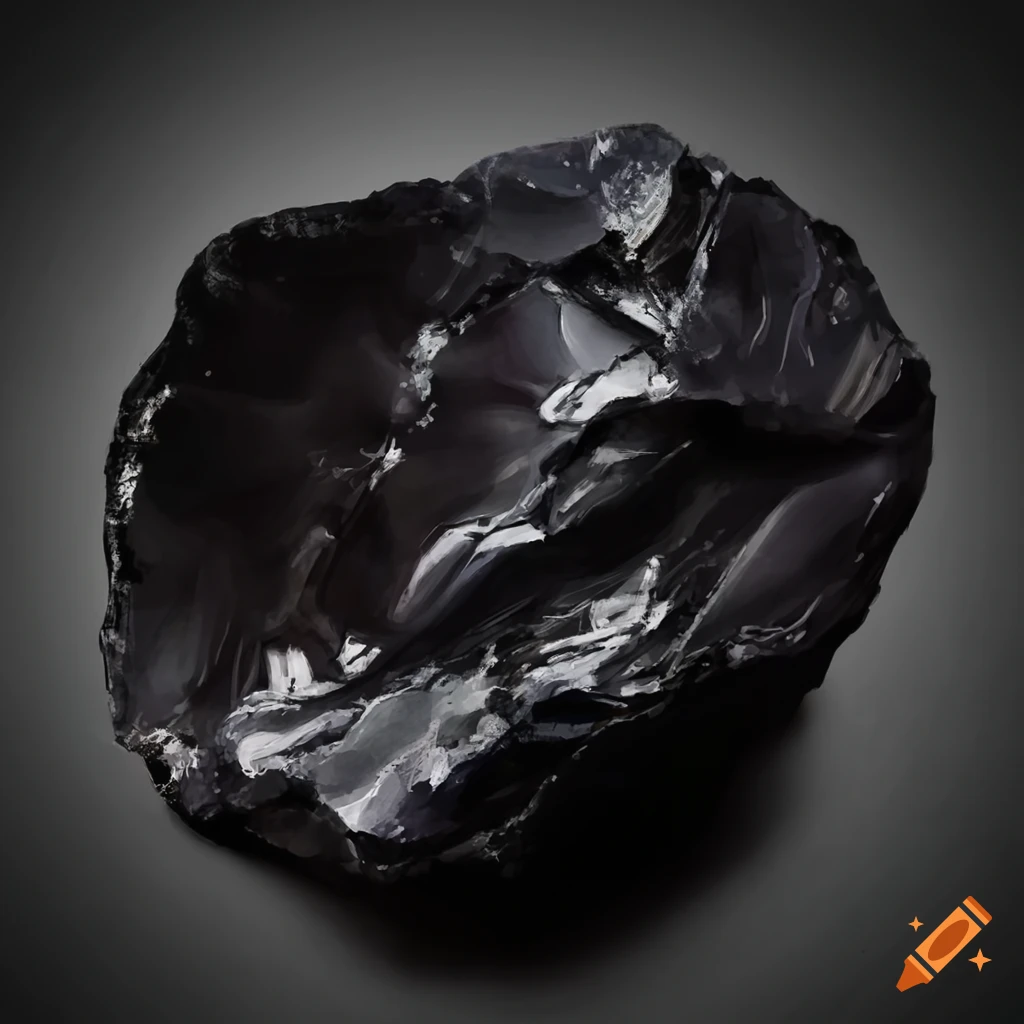 Close-up of a rough obsidian stone on a solid background on Craiyon