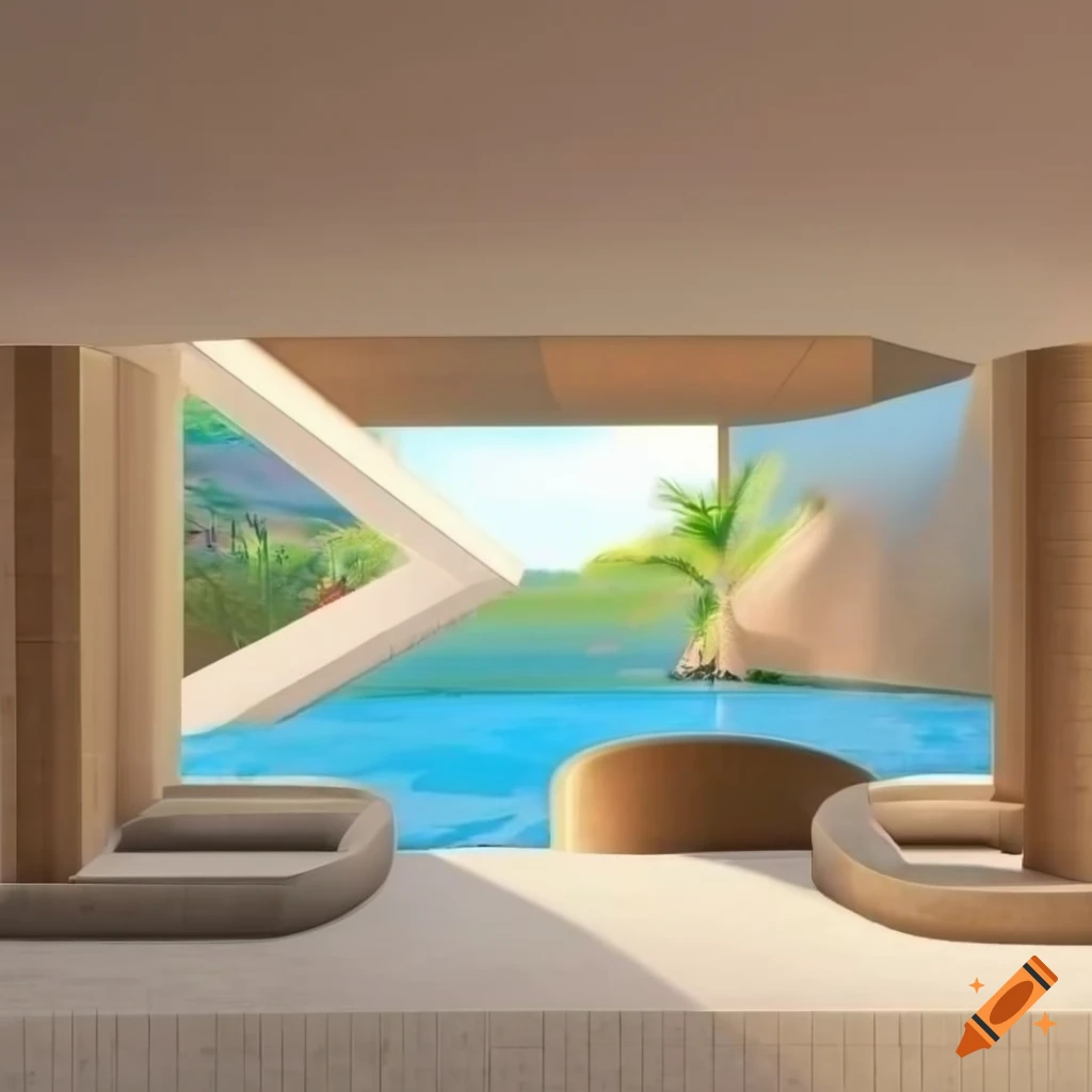 3d rendered spa interior with pools and waterfalls on Craiyon