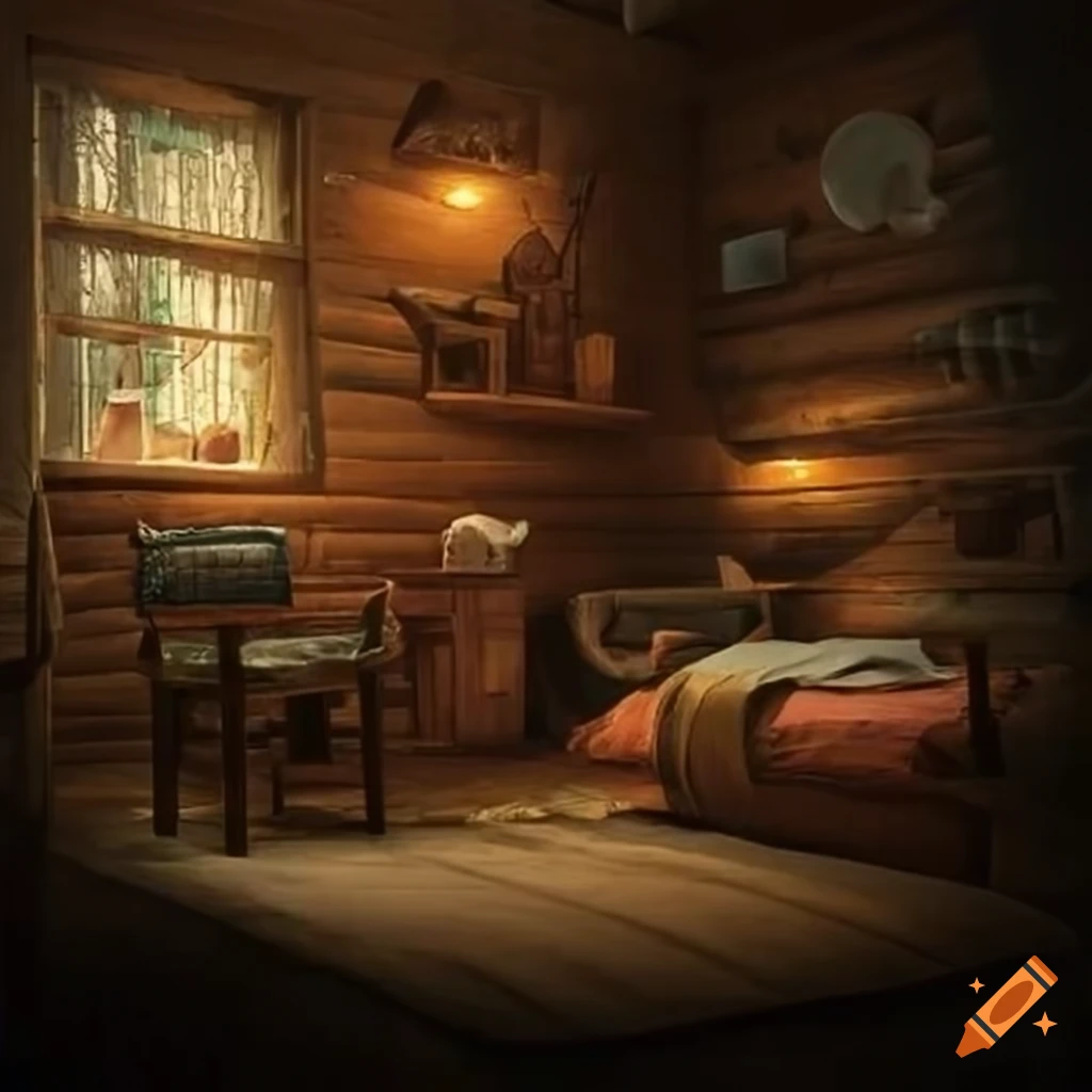 Interior photo of a cozy forest ranger's cabin on Craiyon