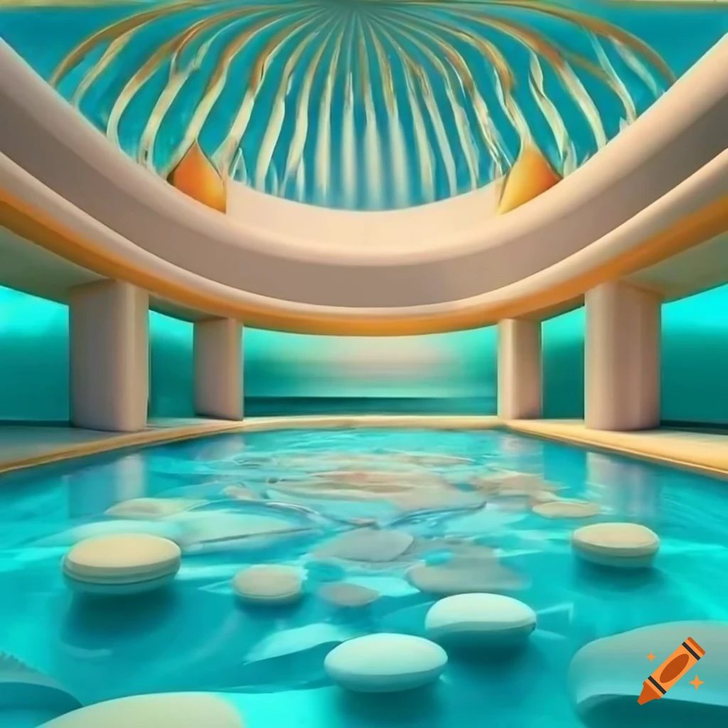 3d rendered surreal spa with pools and waterfalls