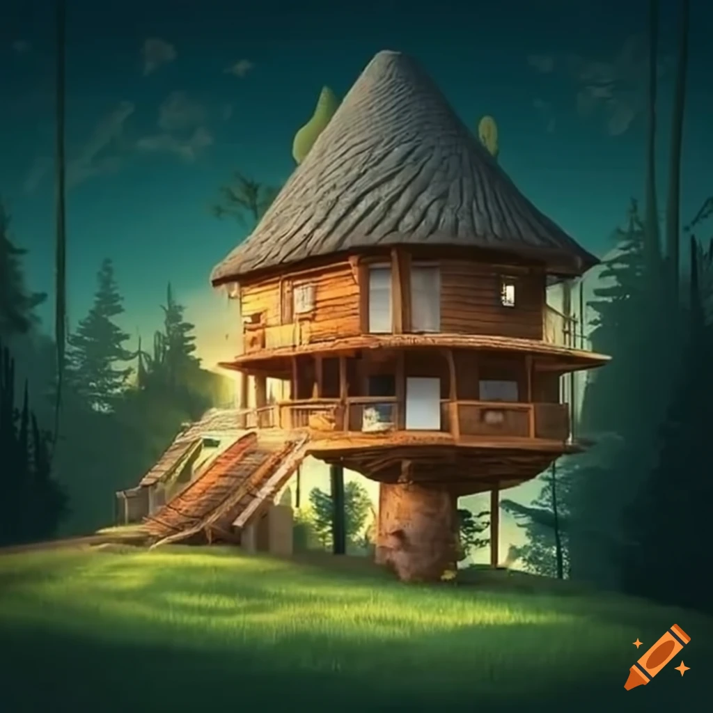 Scenic view of a tree house on a hill on Craiyon