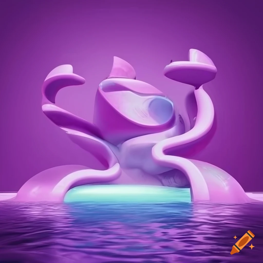 Surreal 3d-rendered spa with waterfalls and flowing shapes