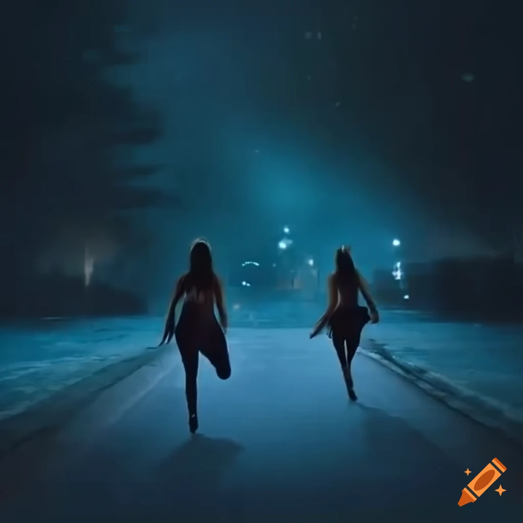 Two women running in a mysterious night background on Craiyon