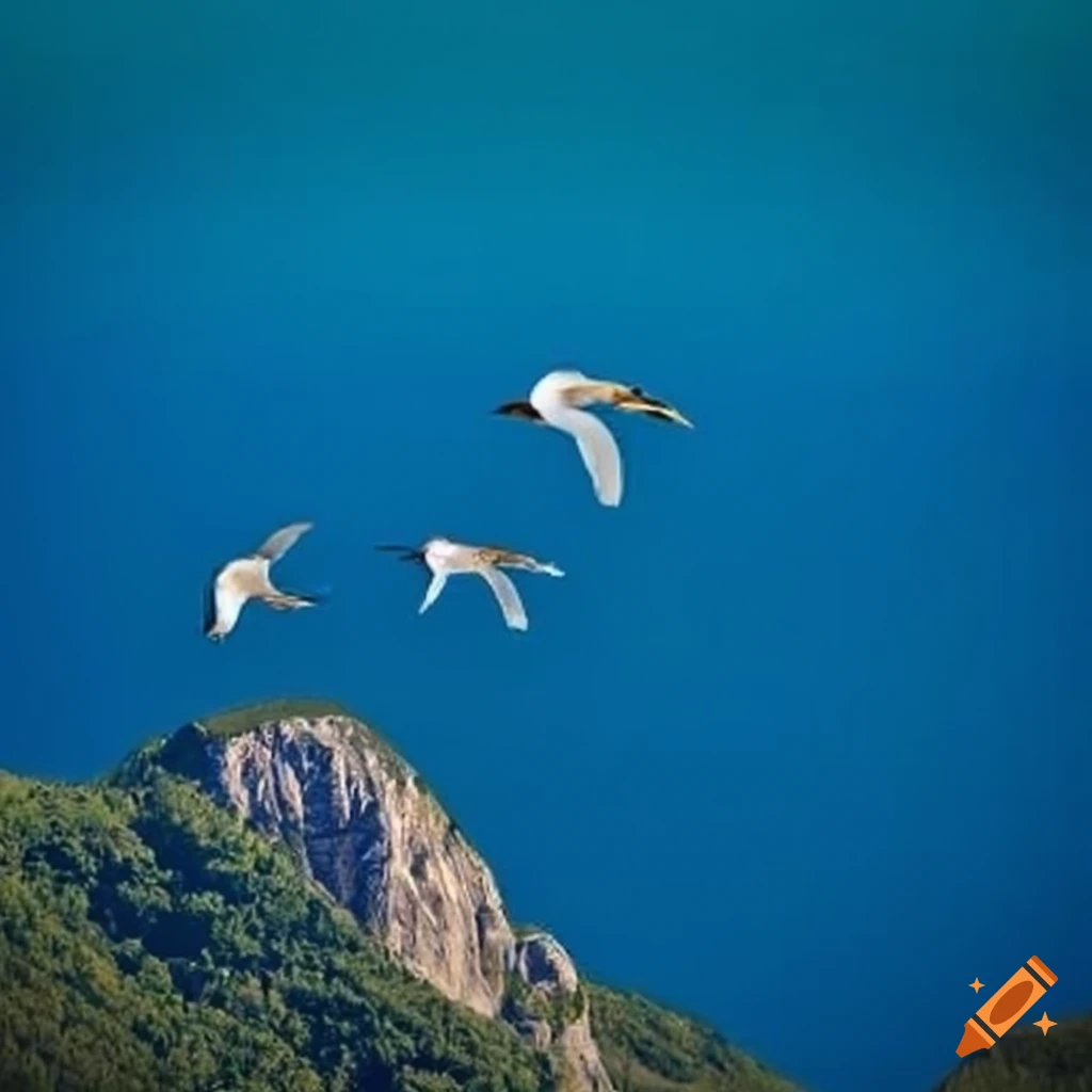 Scenic view of mountains, houses, birds, and sailboats on Craiyon