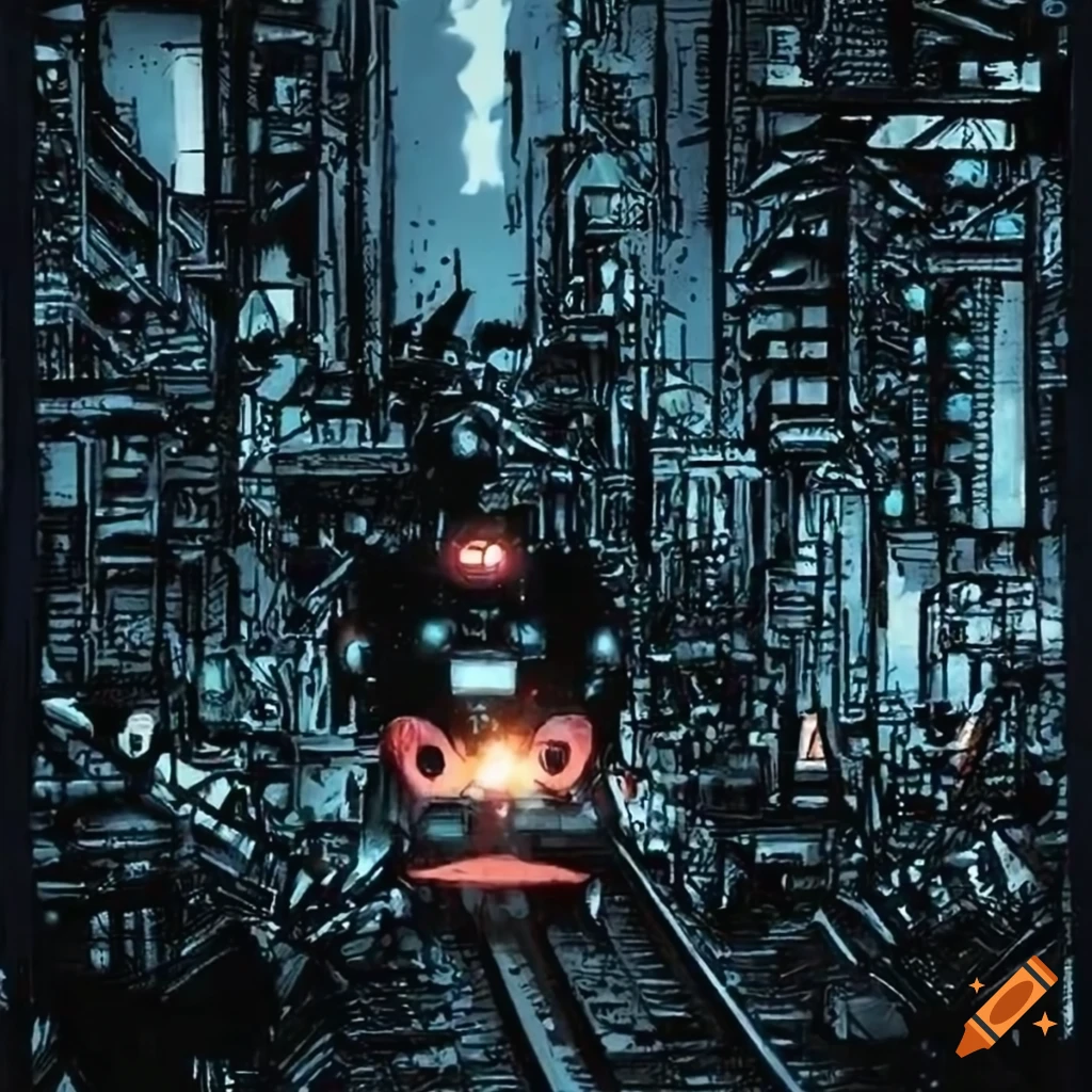 Monochrome artwork of a futuristic city with armored trains