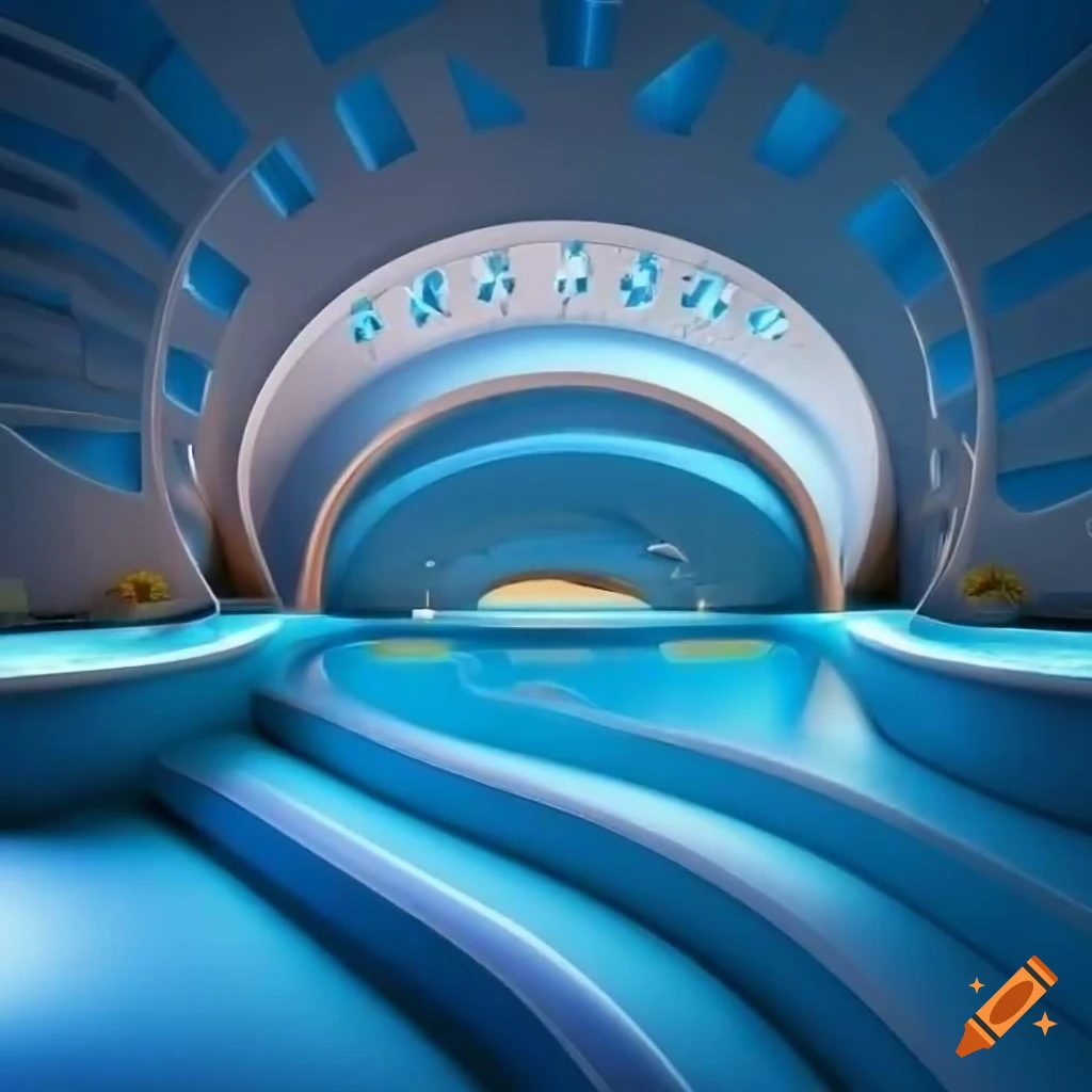 3d rendered architectural spa with underwater hallway and waterfalls on ...