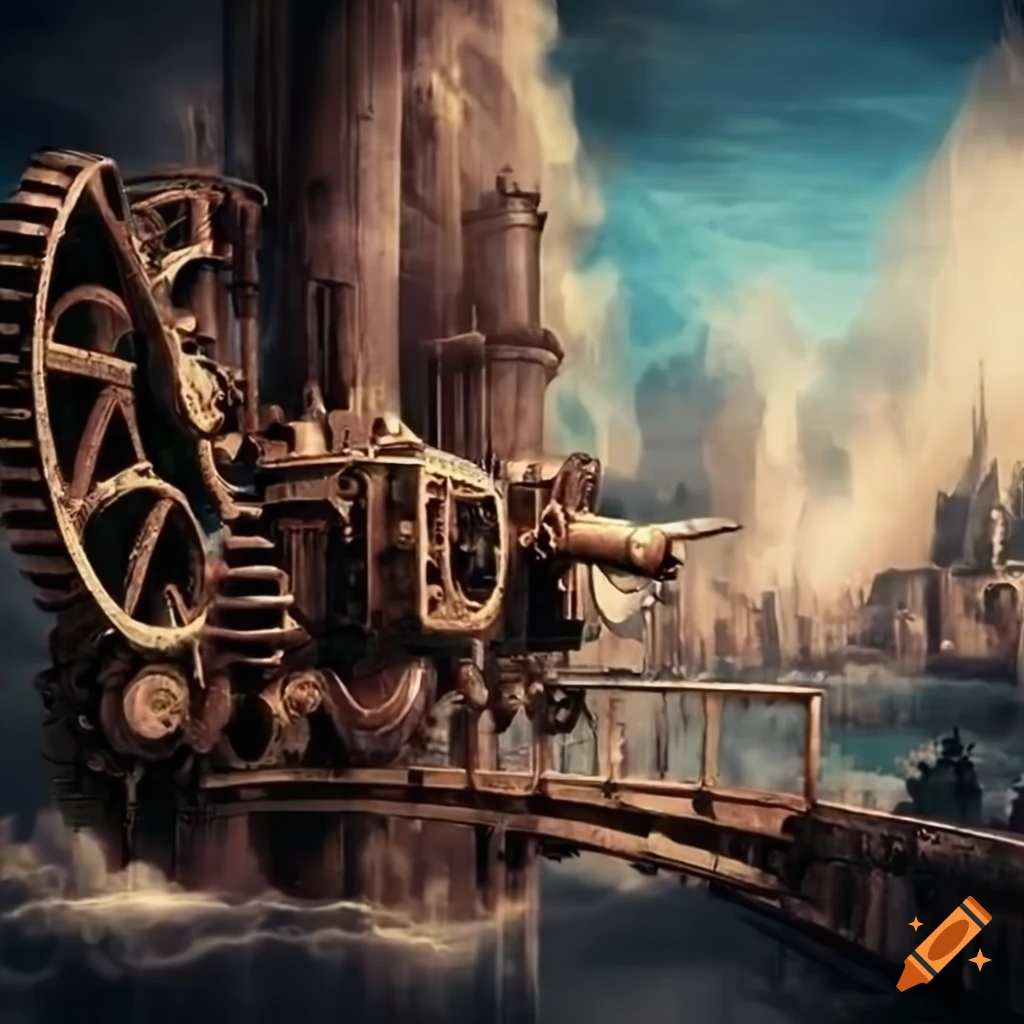 Steampunk city with gears and steam engine on Craiyon
