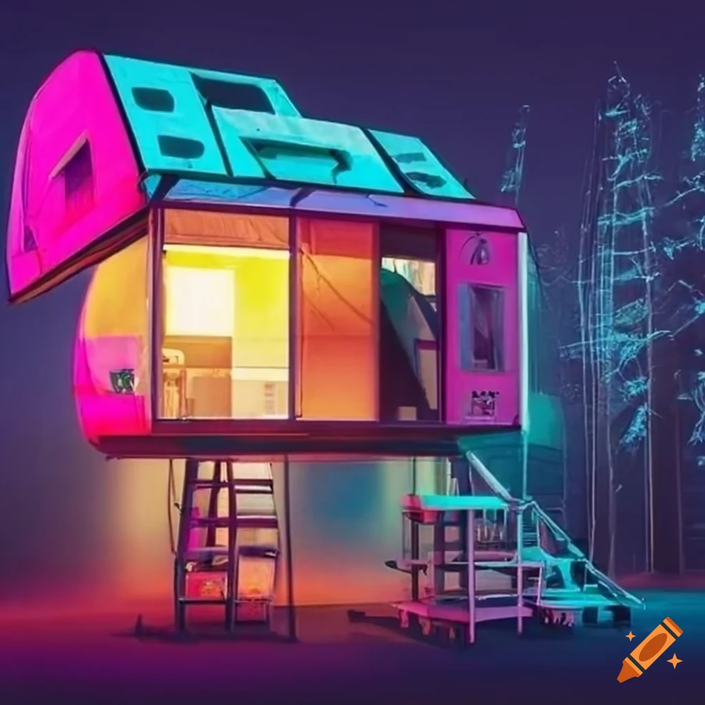 Retro futuristic space colony structures in japanese cyber punk style ...