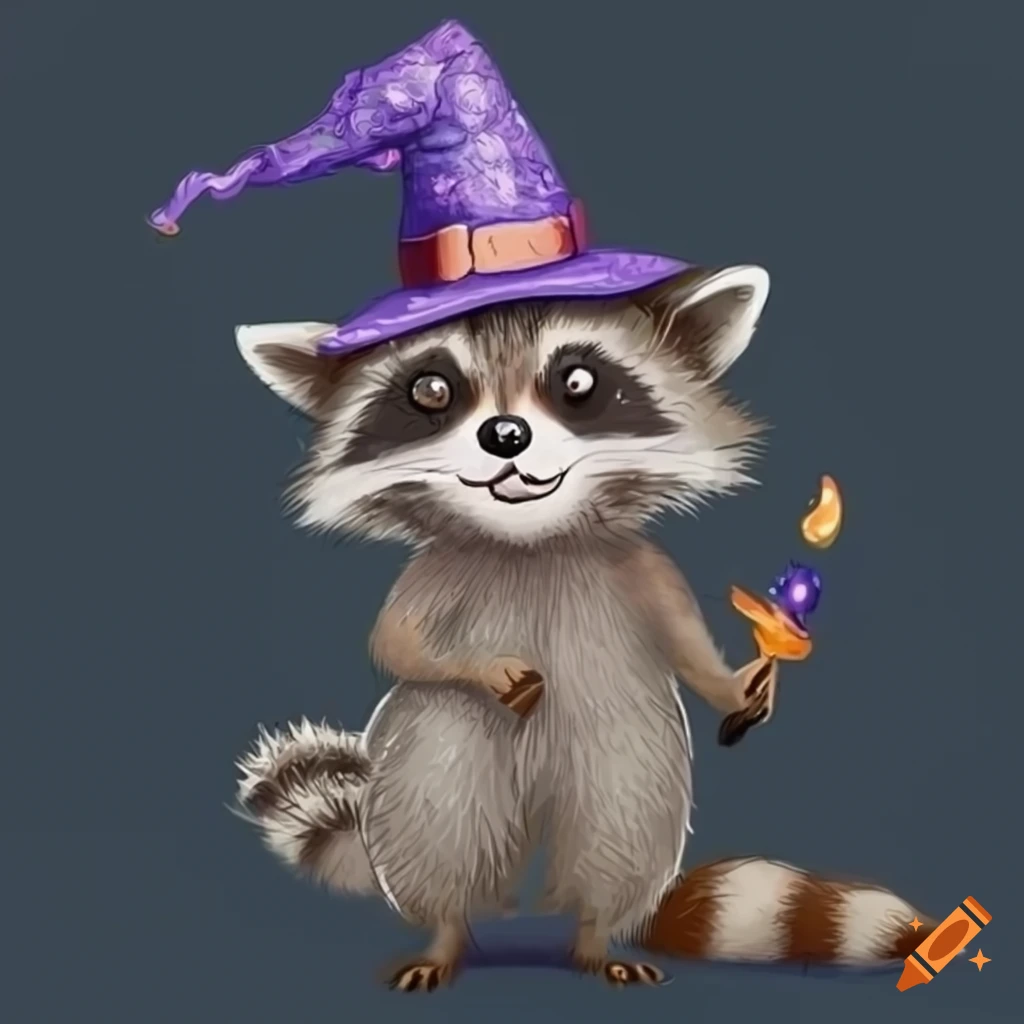 Illustration of a witch raccoon with a magic wand