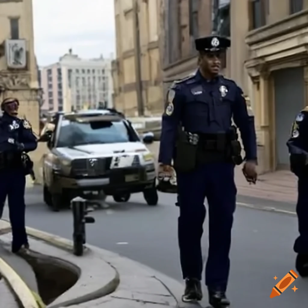 Peaceful campus scene with police officers securing the premises on Craiyon