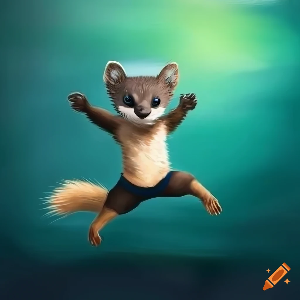 Illustration of a furry pine marten running by the lake on Craiyon