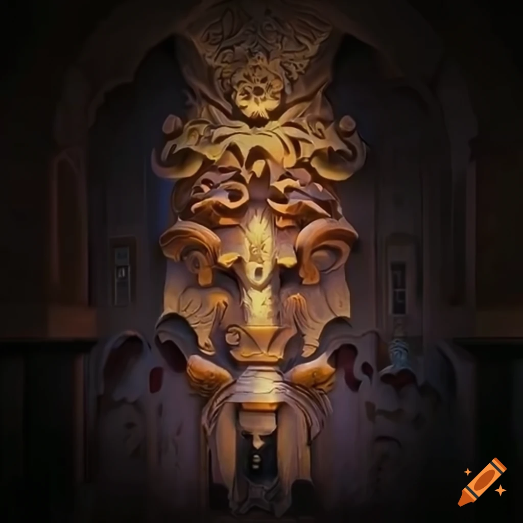 Stunning courtyard garden with architectural stave carving motif on Craiyon