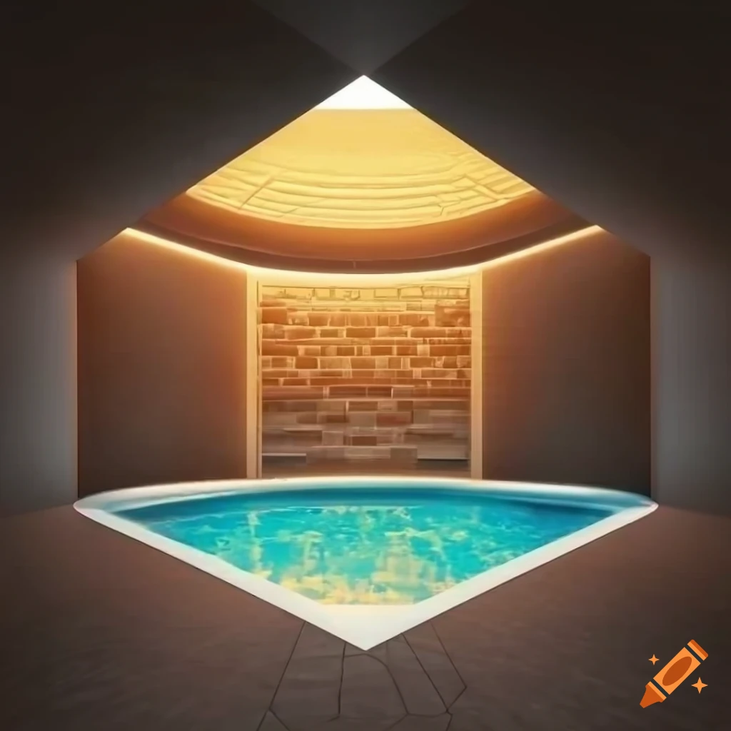 Surreal 3d rendered spa interior with waterfalls and curved forms