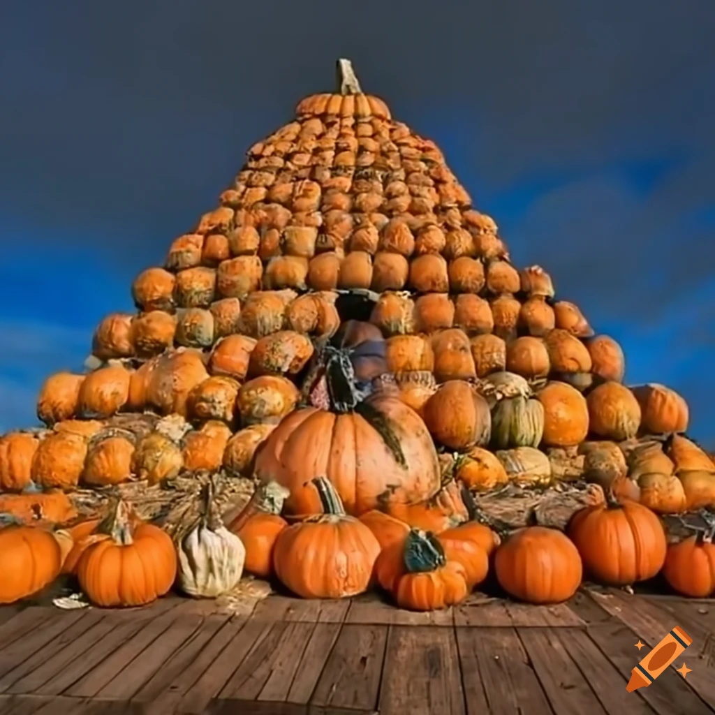 Impressive art installation with a pyramid of pumpkins