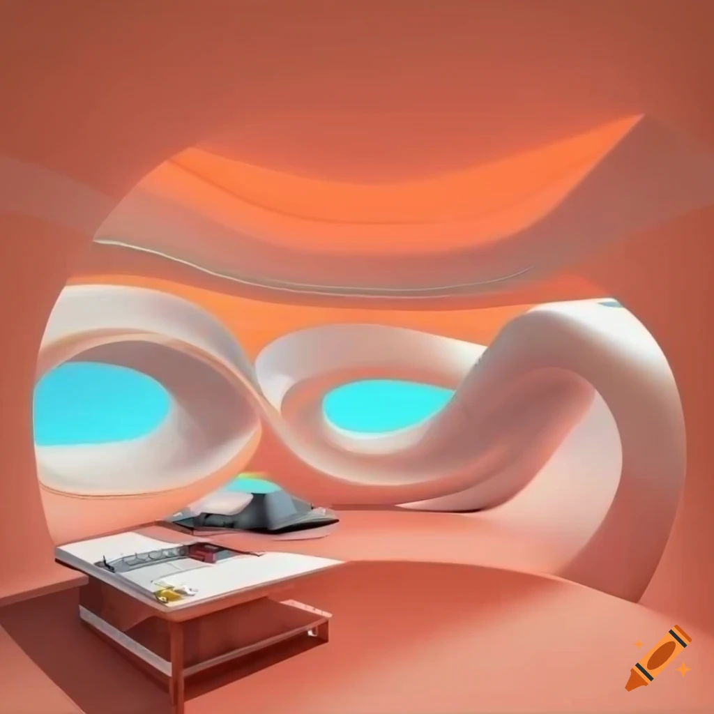 Surreal living room with flowing curvy shapes and sunset colors