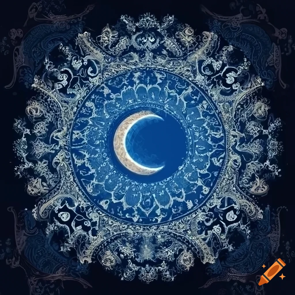 Vibrant artwork of a paisley-style moon and stars in Prussian blue and ...