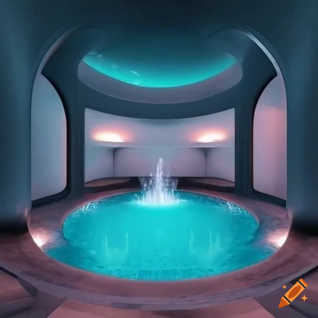 Surreal 3d rendered spa interior with pools and fountains on Craiyon