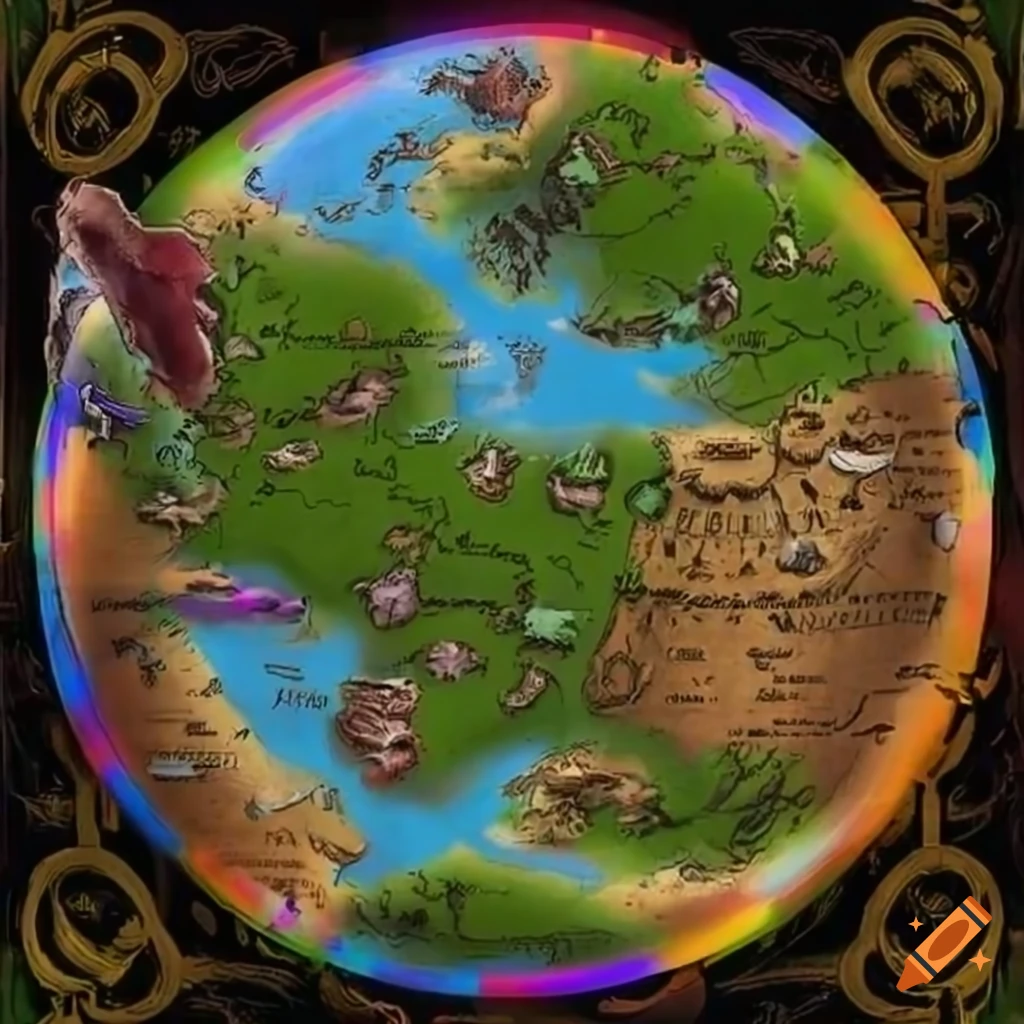 Colorful map of a fictional fantasy world on Craiyon