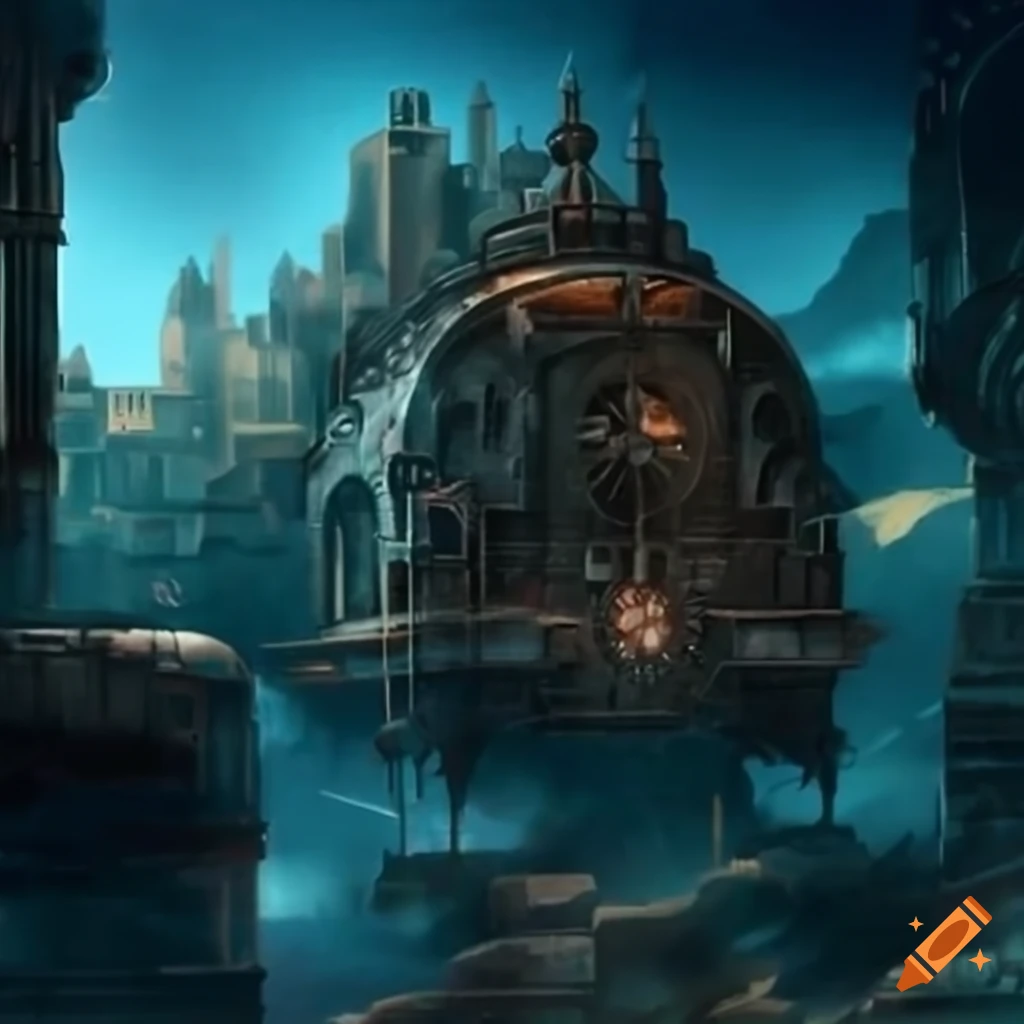 Steampunk city with gears and steam engines on Craiyon