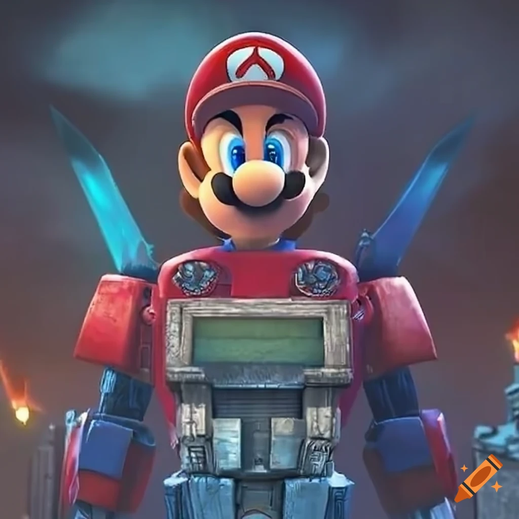 Artwork of mario and optimus prime saving the world on Craiyon