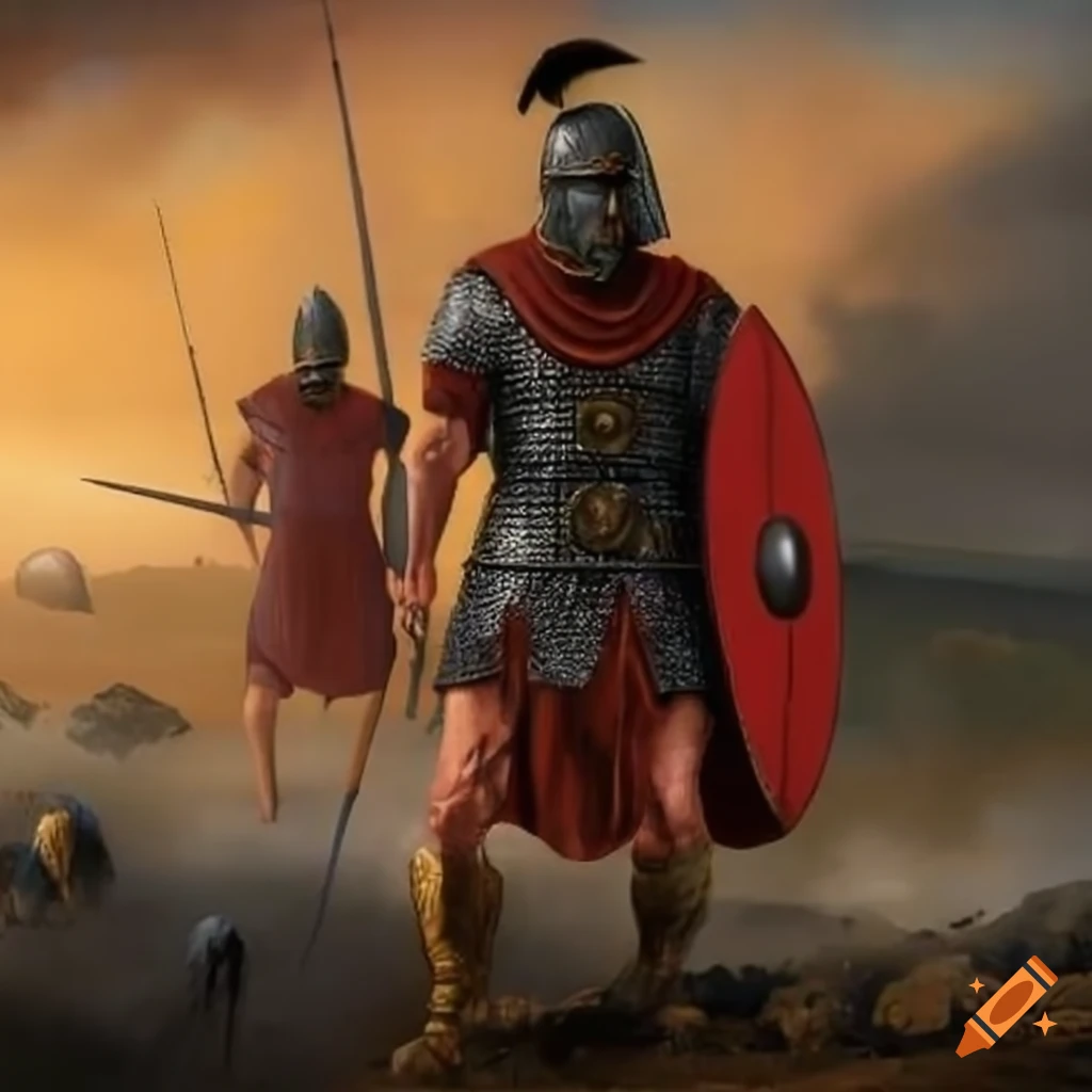 Greek warriors on a battlefield with shields on Craiyon