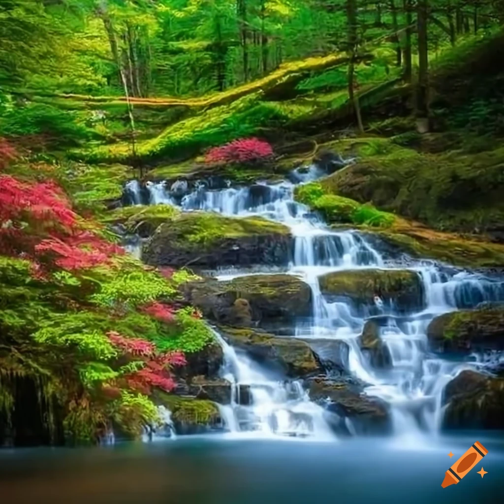 Picturesque forest with waterfalls and a lake on Craiyon