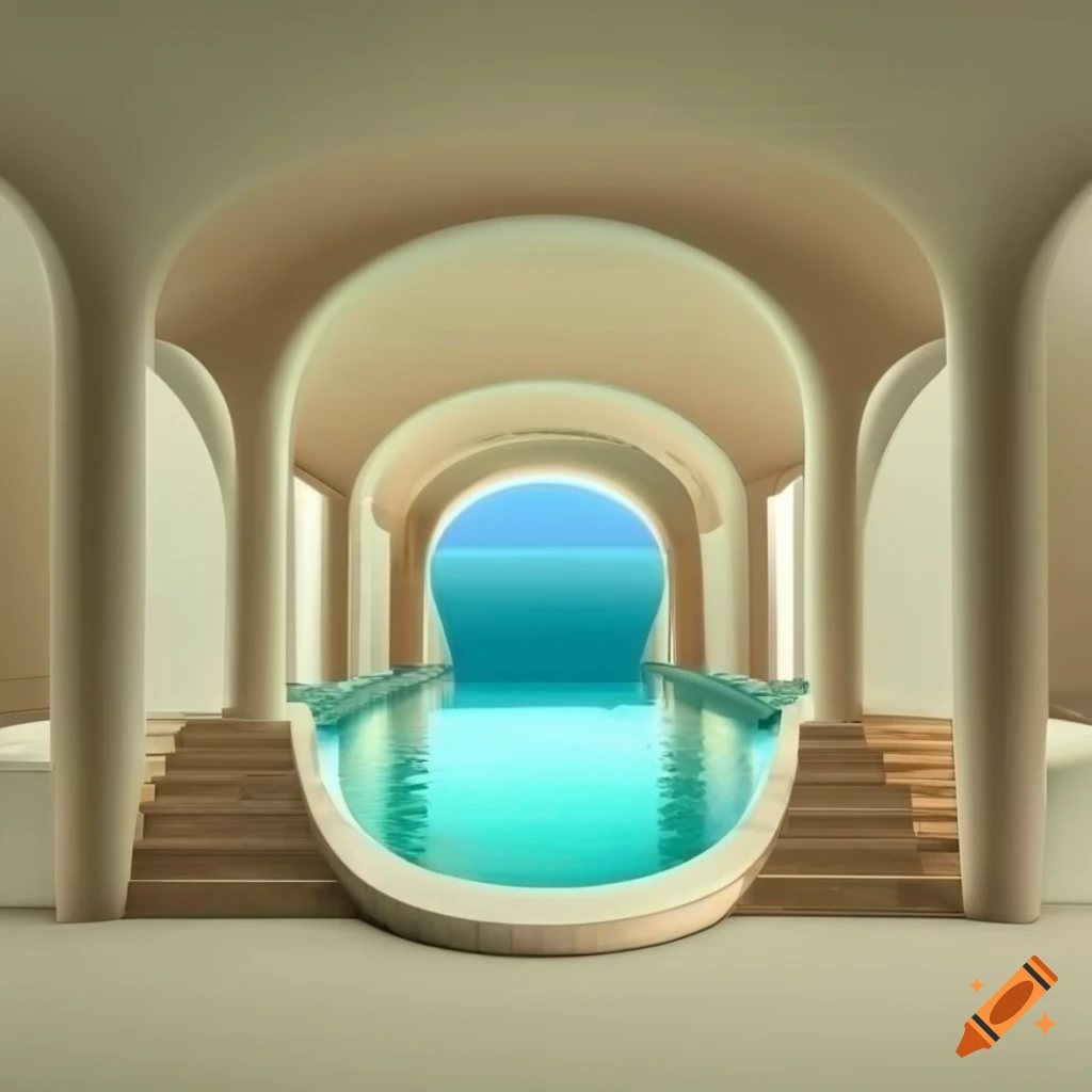 Room with pool and multiple doorways in a photorealistic style on Craiyon
