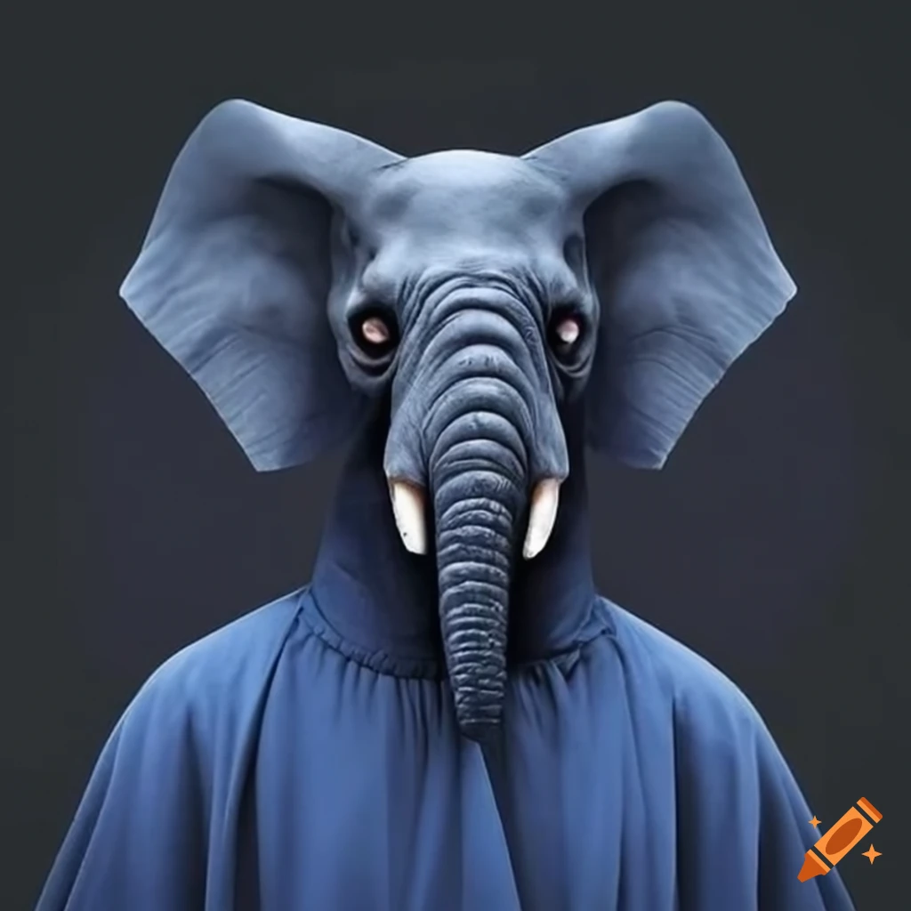 People in blue robes wearing elephant masks