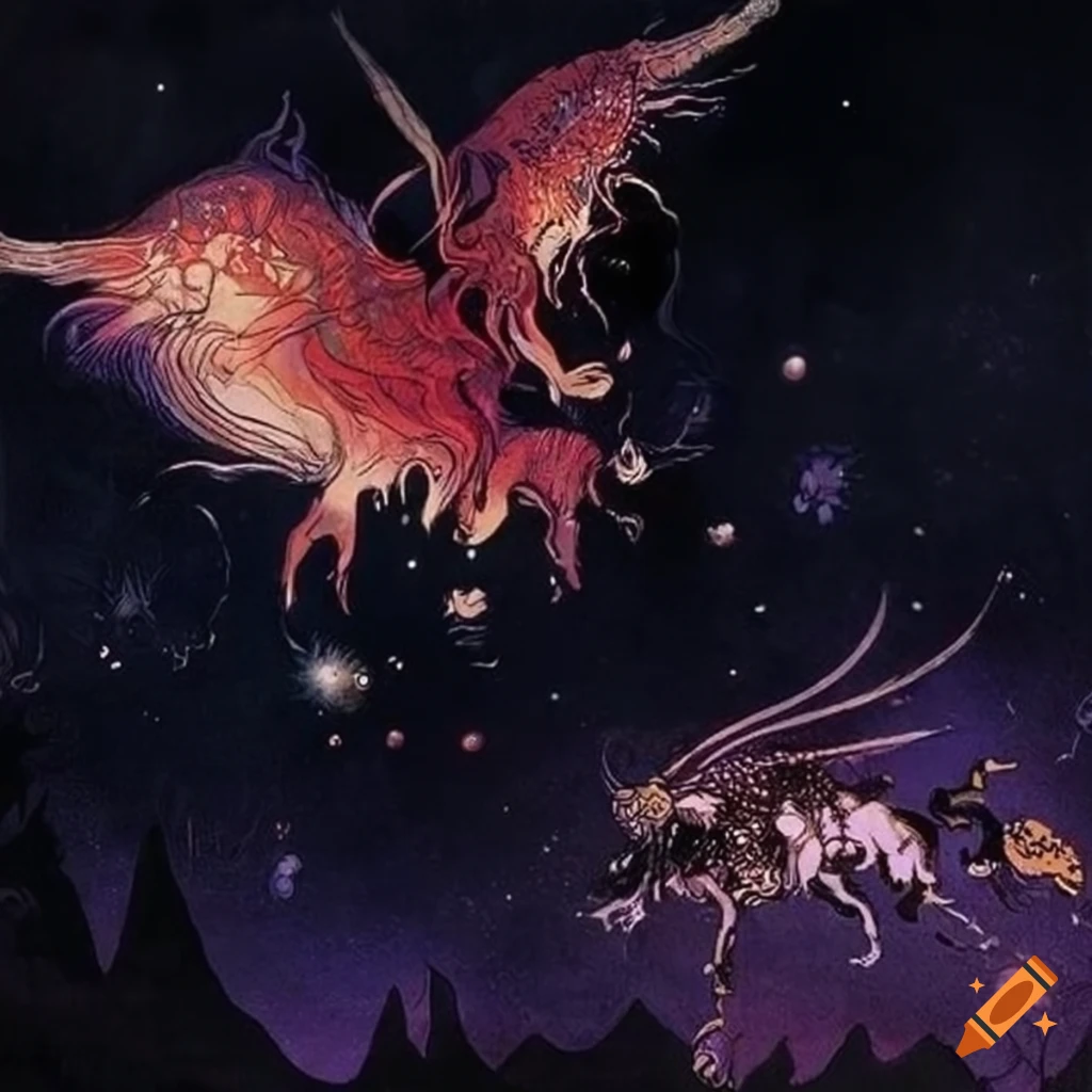 Illustrated painting of japanese-style hell inspired by hokusai ...