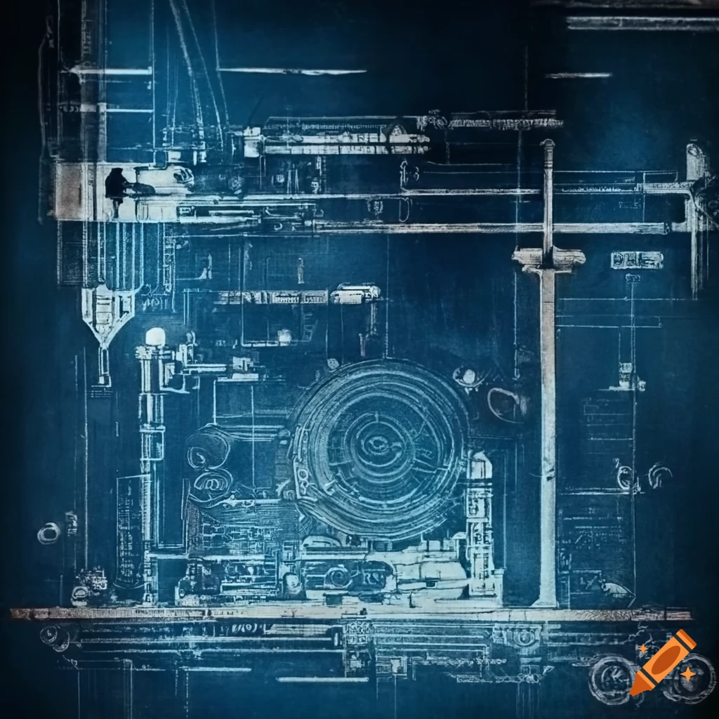 Vintage machine blueprints with worn and illegible text on Craiyon