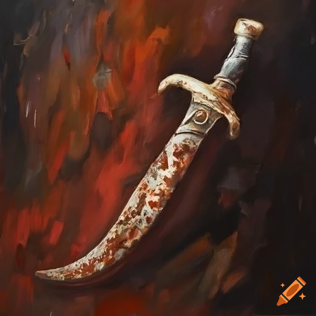 Oil painting of a rusty dagger on Craiyon