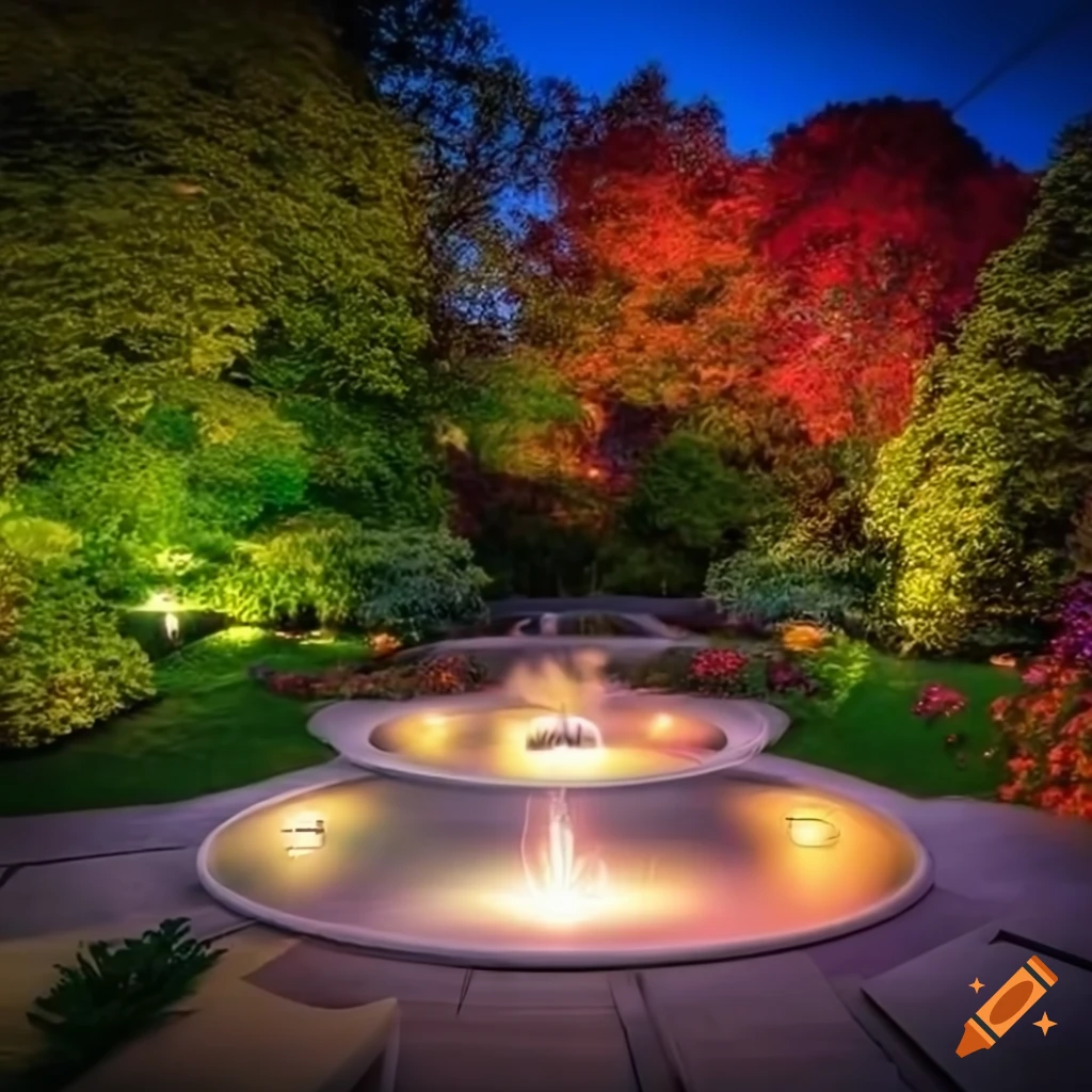 Photography of a beautiful luxury garden at sunset with fountains on ...