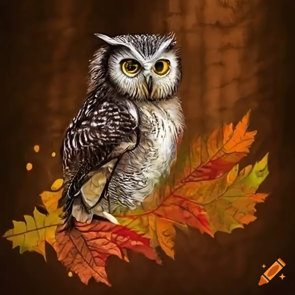 Owl sitting among autumn leaves
