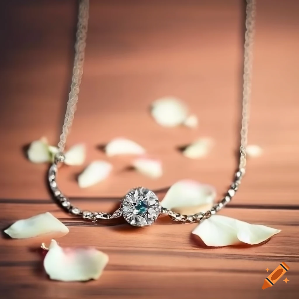 Silver necklace with diamond on a wooden table on Craiyon