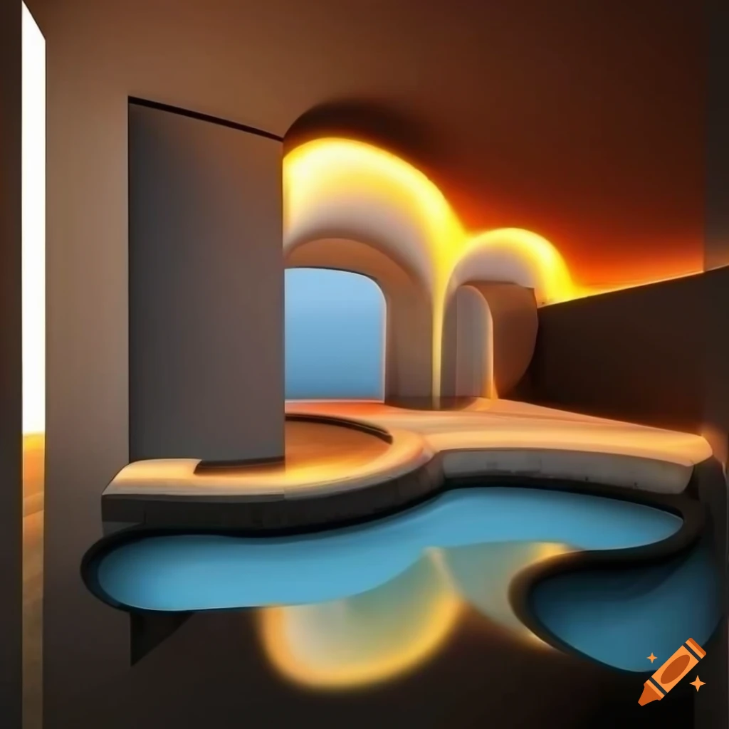 Surreal 3d rendering of a spa with waterfalls and flowing shapes
