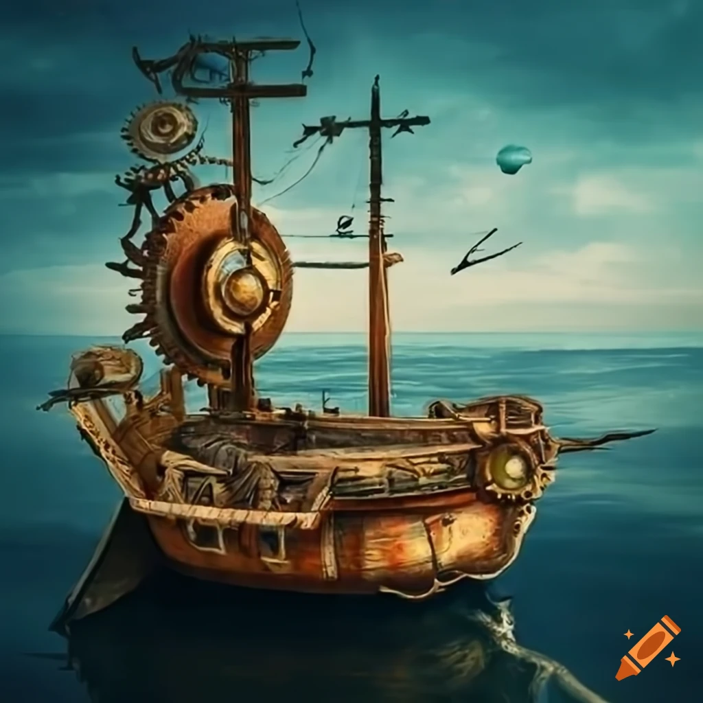 Steampunk boat in a surreal ocean setting