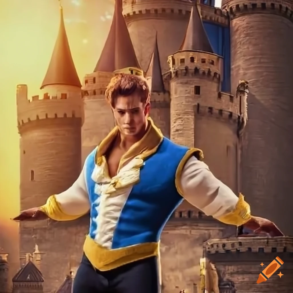 Character from beauty and the beast in front of a castle on Craiyon