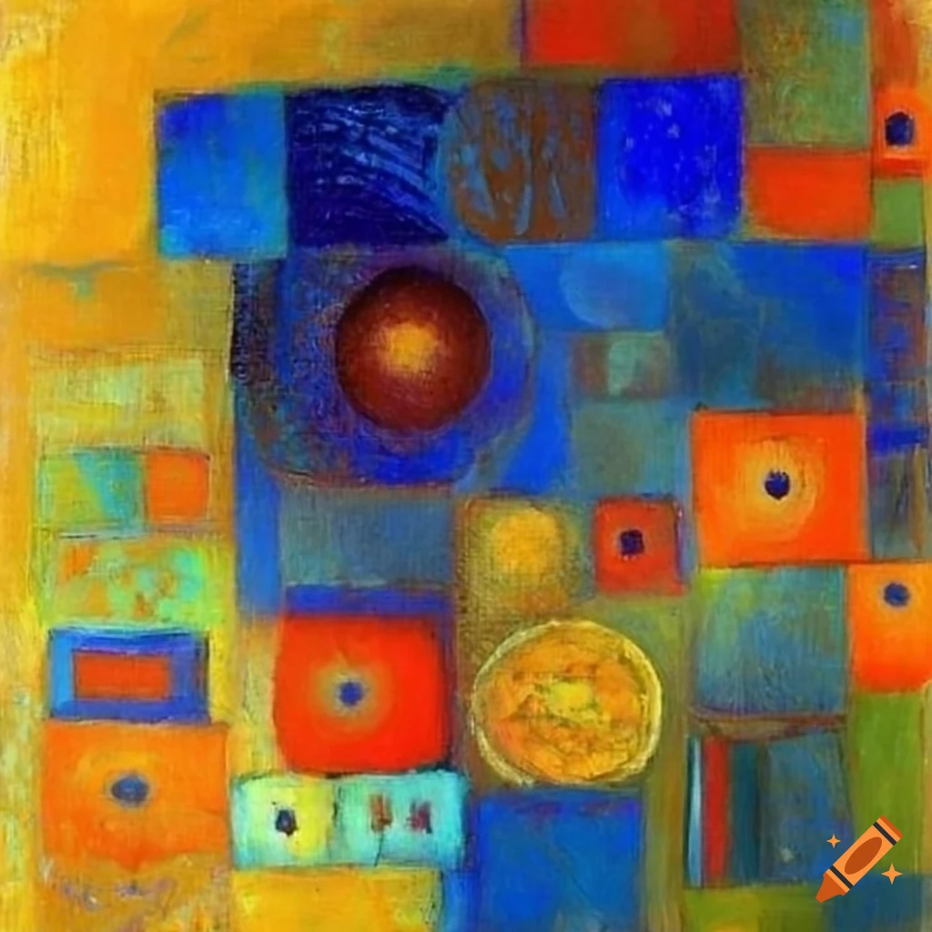 Graphic art of abstract squares in blue with poppies on Craiyon