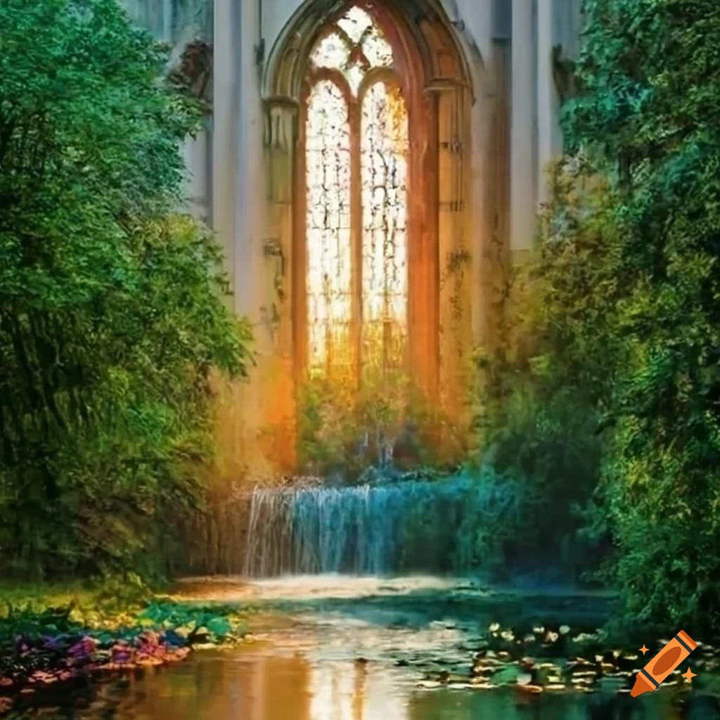Monet's Victorian garden with golden angel statues and cathedral window ...