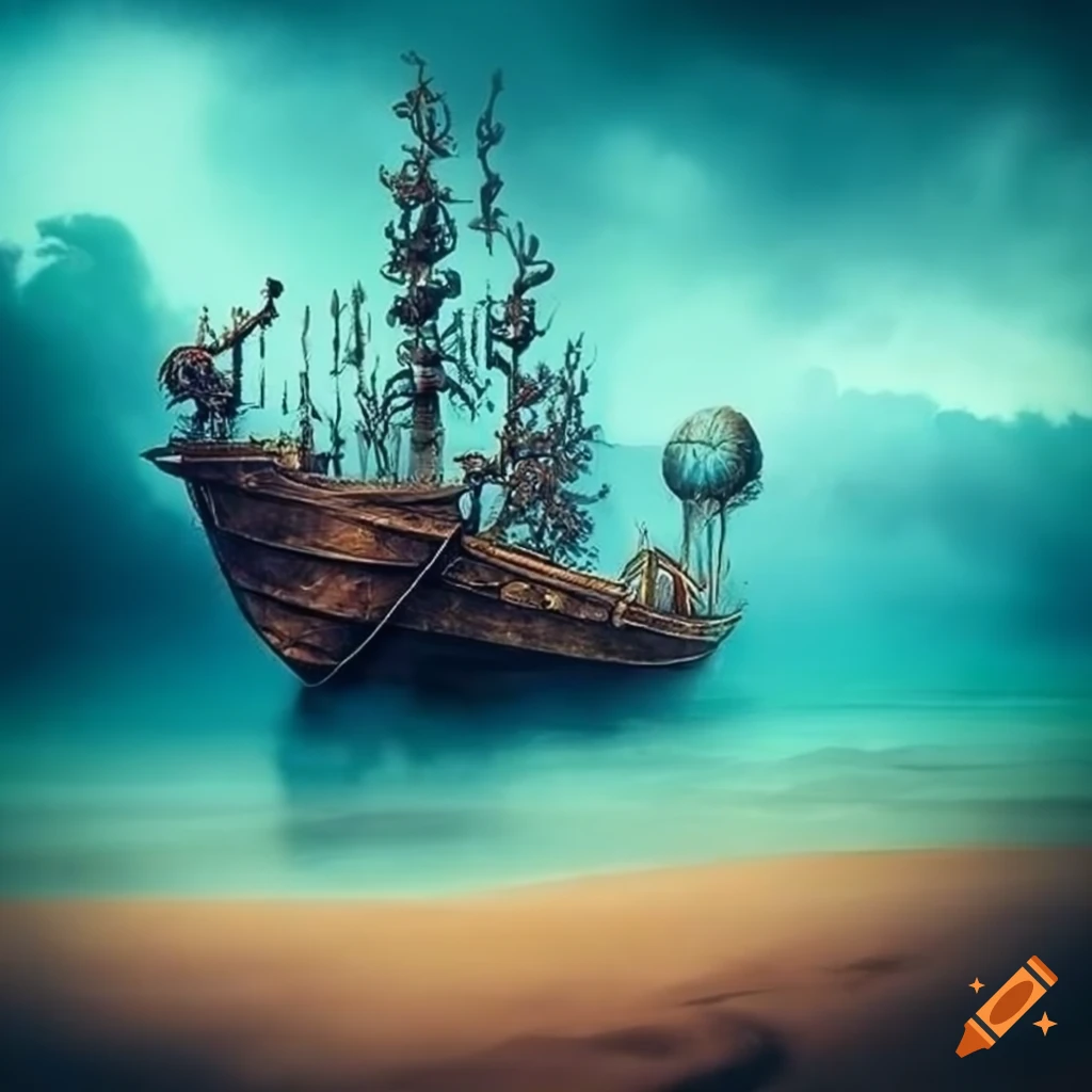 Surreal steampunk scene with machines and creatures on a beach