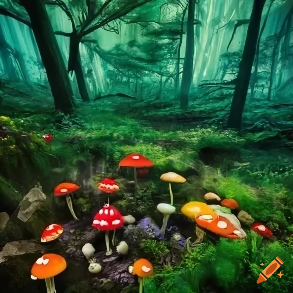 Colorful mushrooms in an enchanted forest on Craiyon