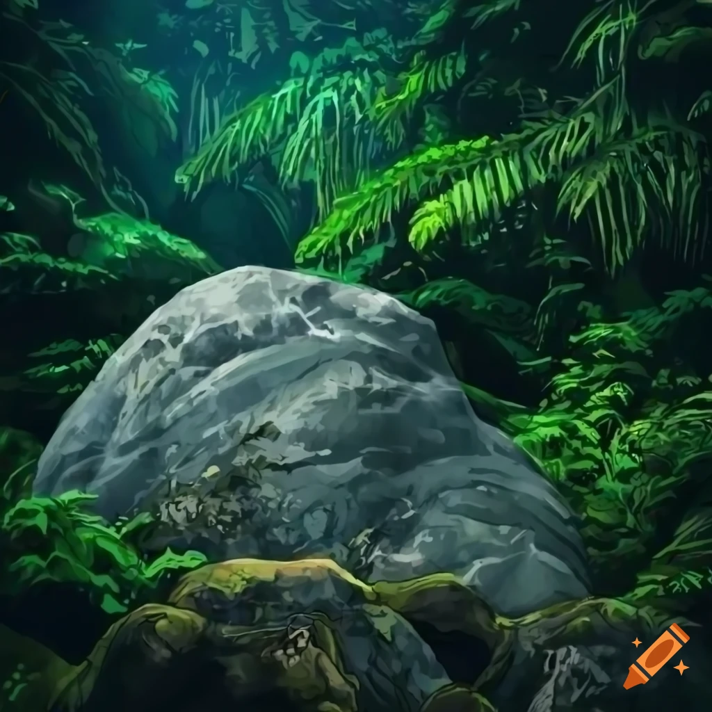Manga style gray rock in a tropical forest on Craiyon