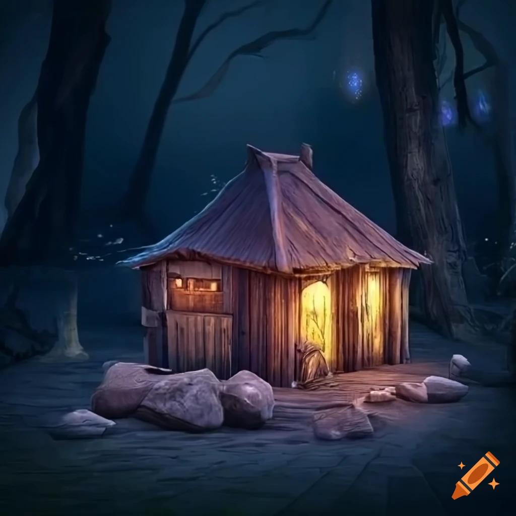 Enchanted forest hut at night with wooden bench and stones on Craiyon