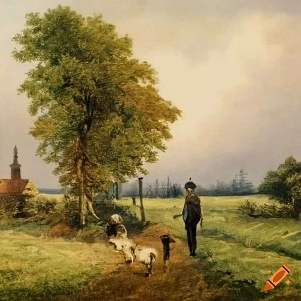 Vintage illustration of a person walking with a dog in the countryside ...