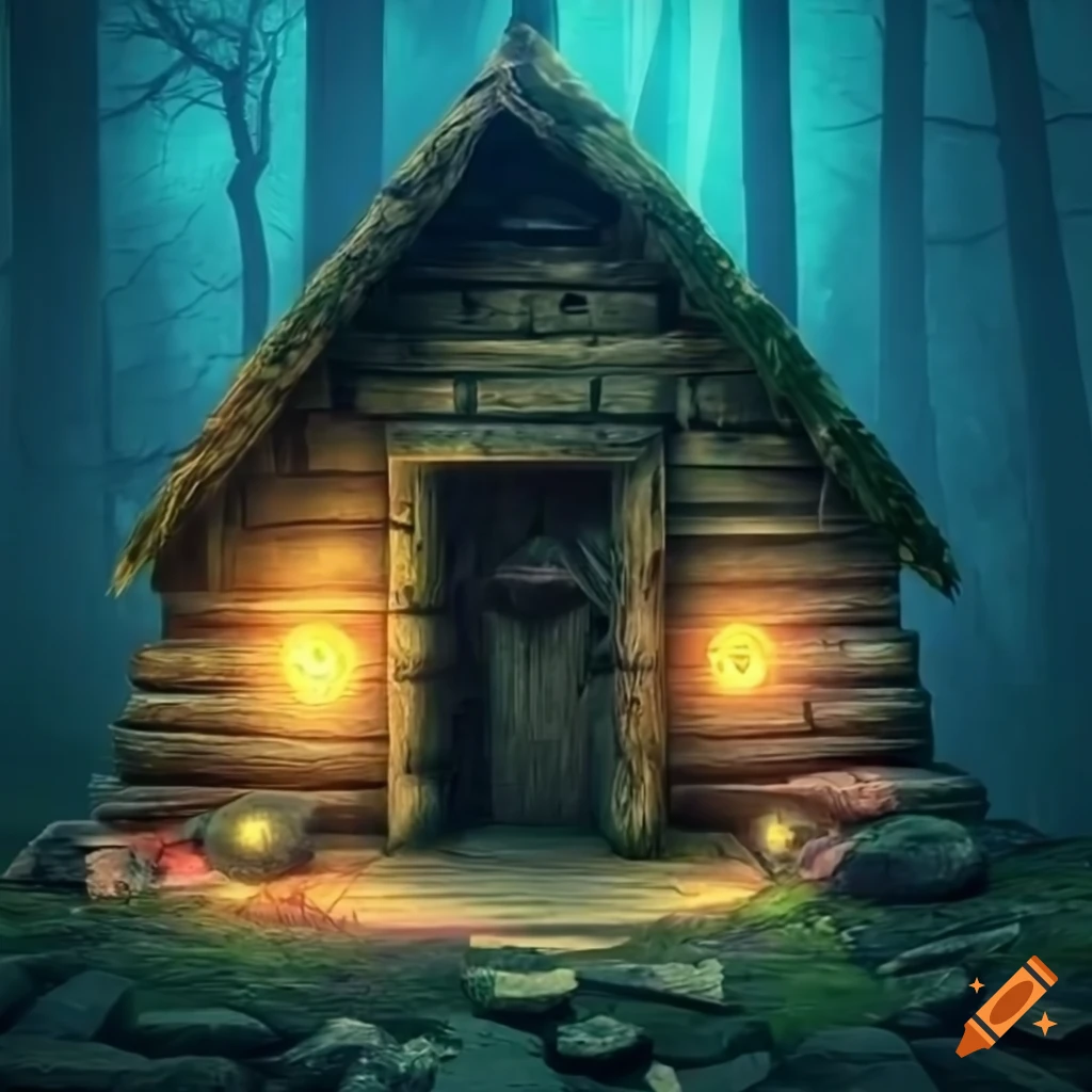 Enchanted forest hut at night with a wooden bench on Craiyon