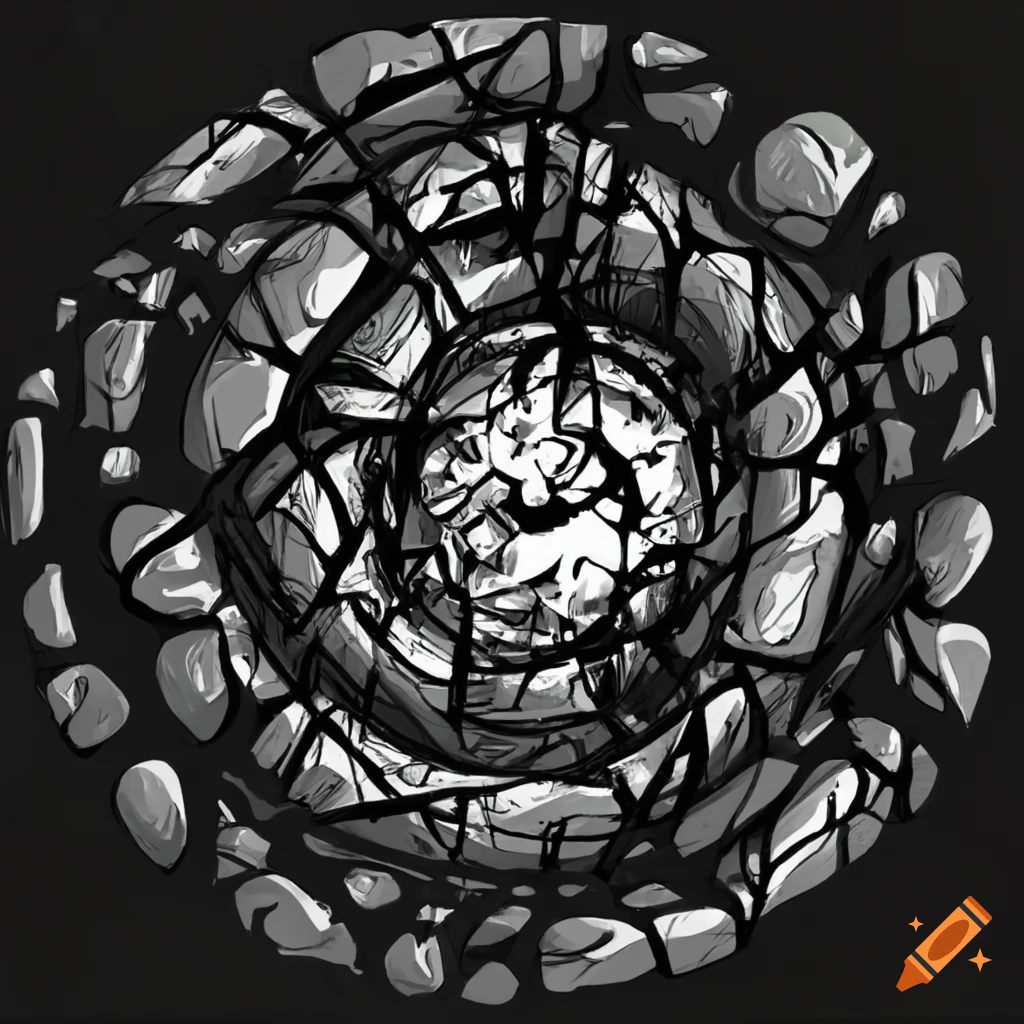 A black and white drawing of a big pit with small spiral stairs on Craiyon