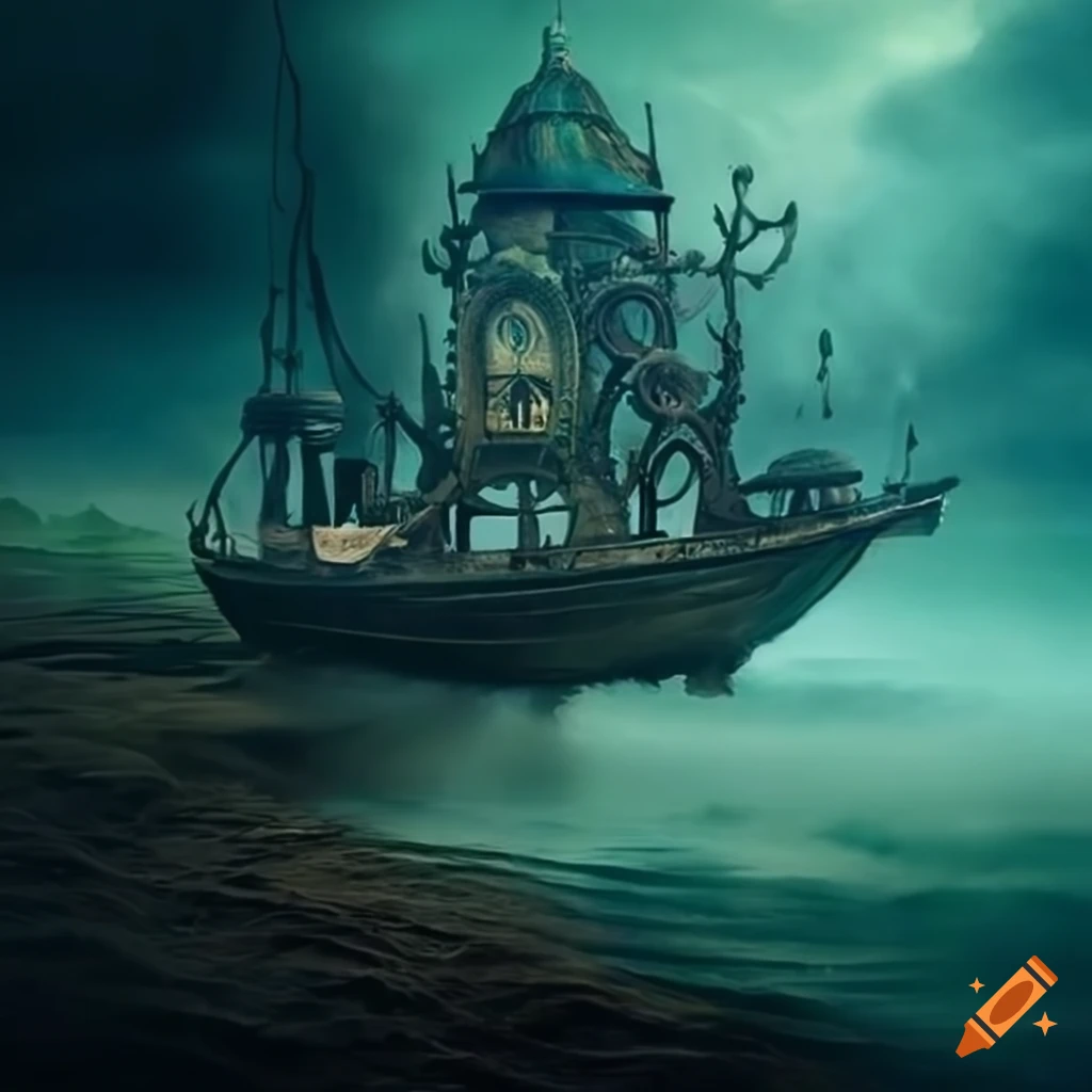 Surrealist steampunk artwork with beach and strange creatures on Craiyon