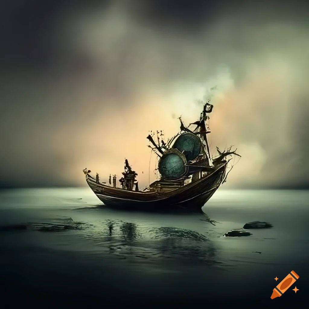 Surrealist steampunk artwork with strange machines and spectral ...