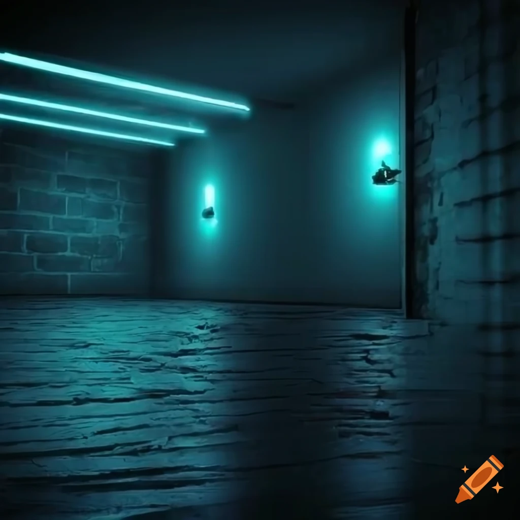 Neon-lit basement with clothes on the wall on Craiyon