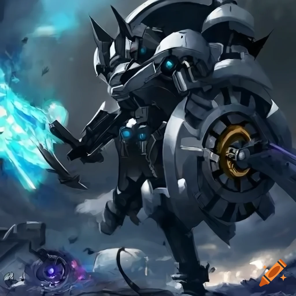 Fantasy anime art of a machine warrior with guns on Craiyon